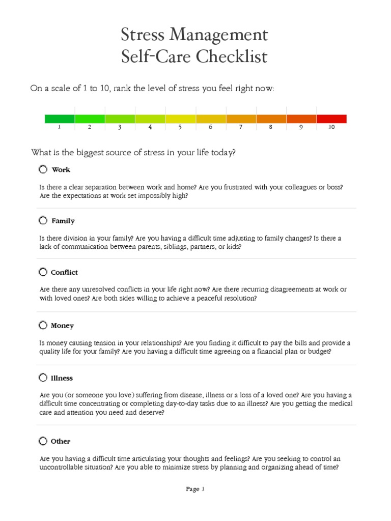 Stress Management Self Care Worksheet | PDF | Stress (Biology) | Stress ...