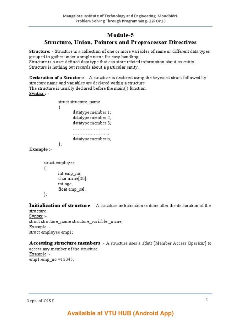 Module-5 Structure, Union, Pointers and Preprocessor Directives | PDF ...