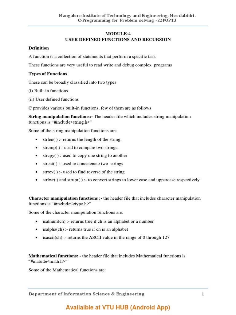 Mangalore Institute of Technology and Engineering, Moodabidri. C-Programming For Problem Solving ...