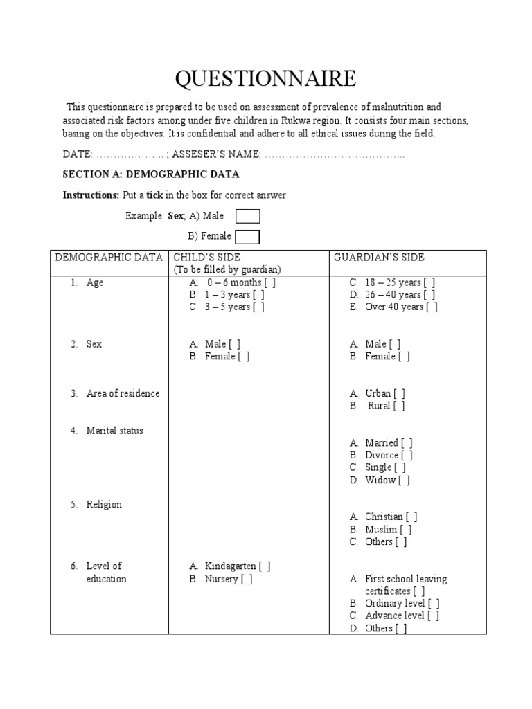 Questionnaire Nutrition Field | Download Free PDF | Malnutrition ...