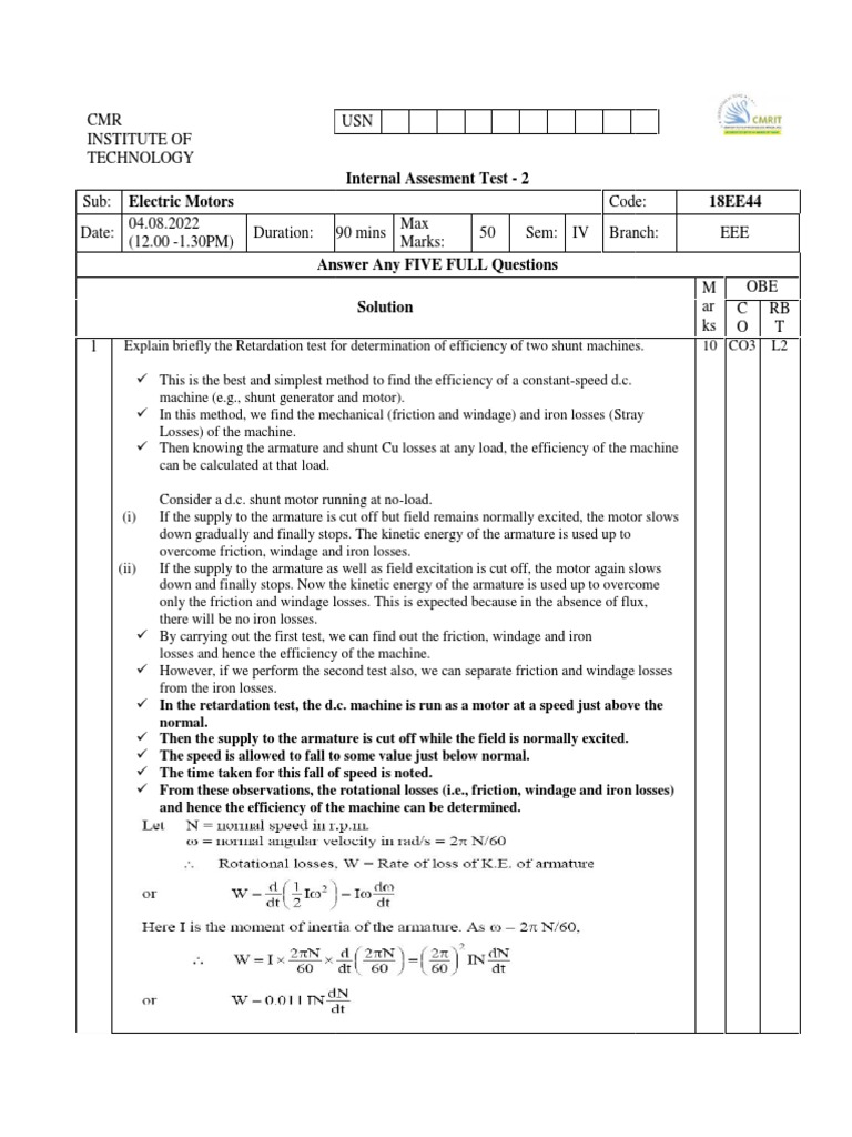 IAT 2 Solutions | PDF | Electric Motor | Electrical Engineering