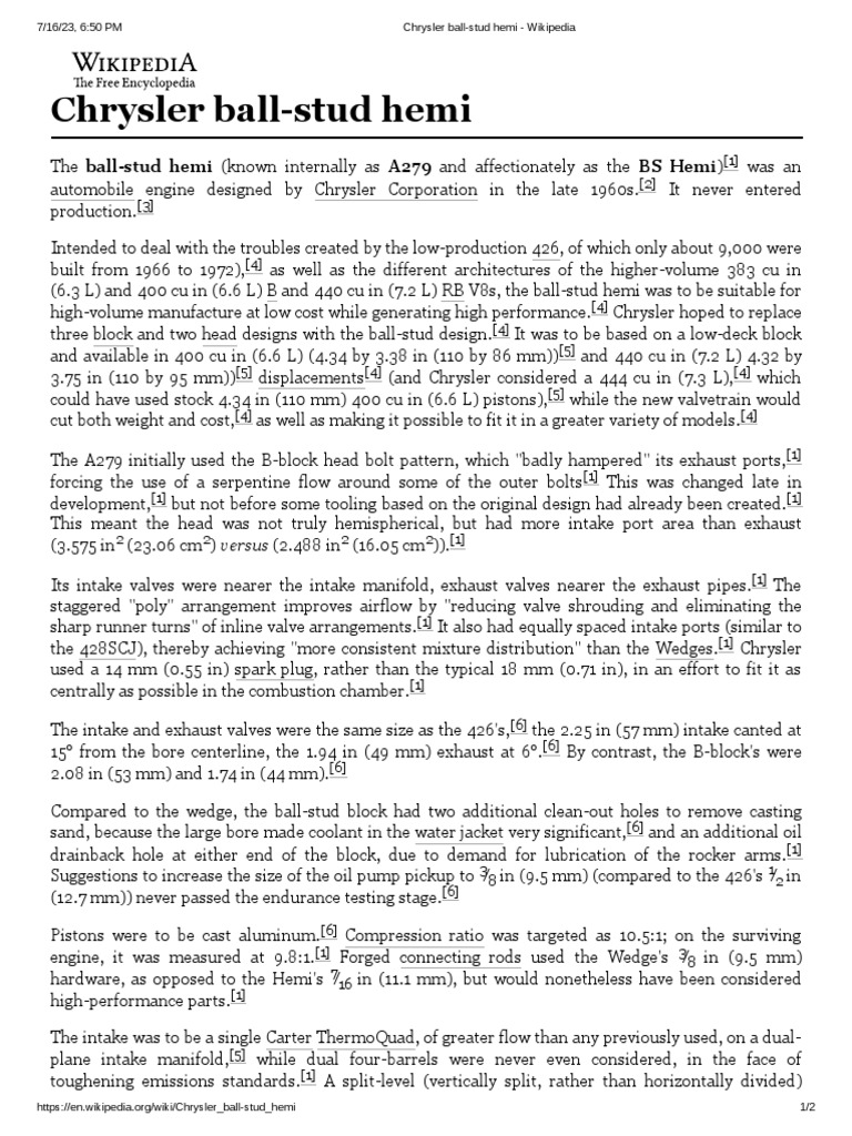 Chrysler Ball-Stud Hemi - Wikipedia | PDF | Engines | Engine Technology