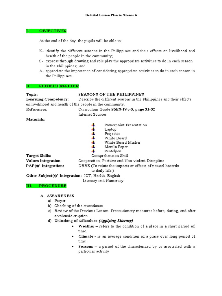 Lesson-Plan Seasons in The Philippines | PDF | Lesson Plan | Climate