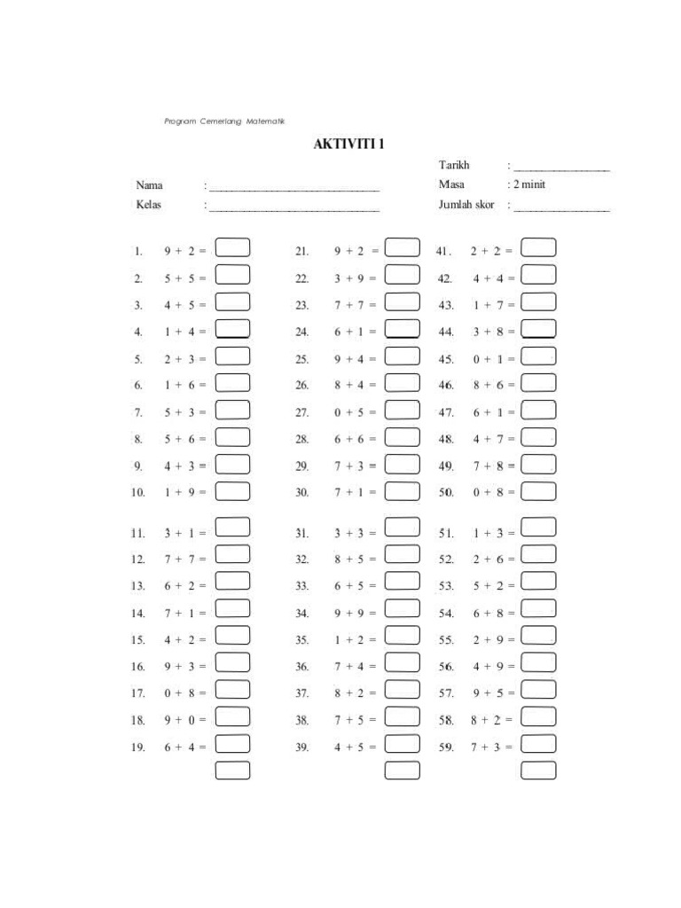 Latihan Tambah Dan Tolak Mt Fakta Asas | PDF