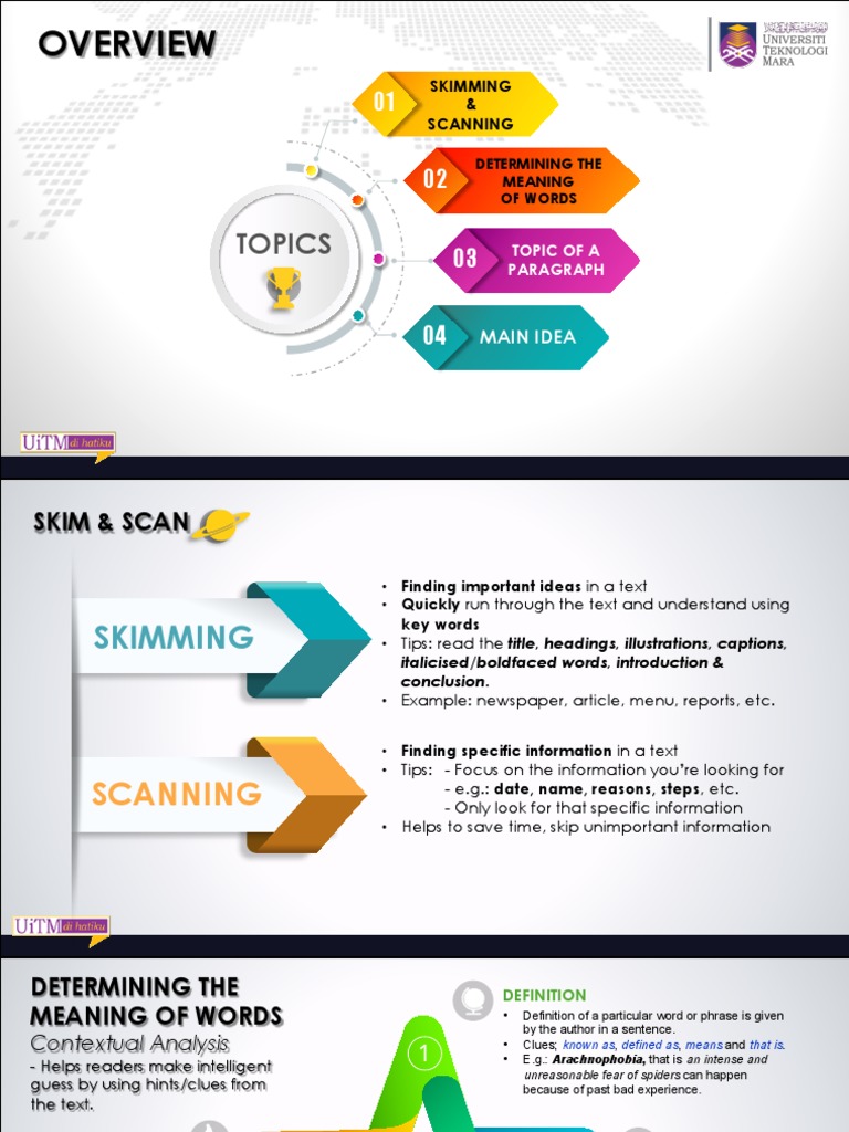Chapter 1 - Skim Scan, Meaning, Topic, Main Idea | PDF | Word | Adjective