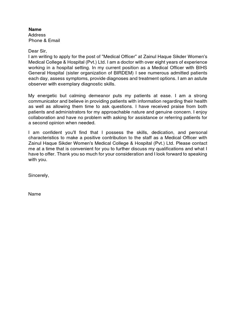 Medical Officer Application Letter | PDF | Self-Improvement | Wellness