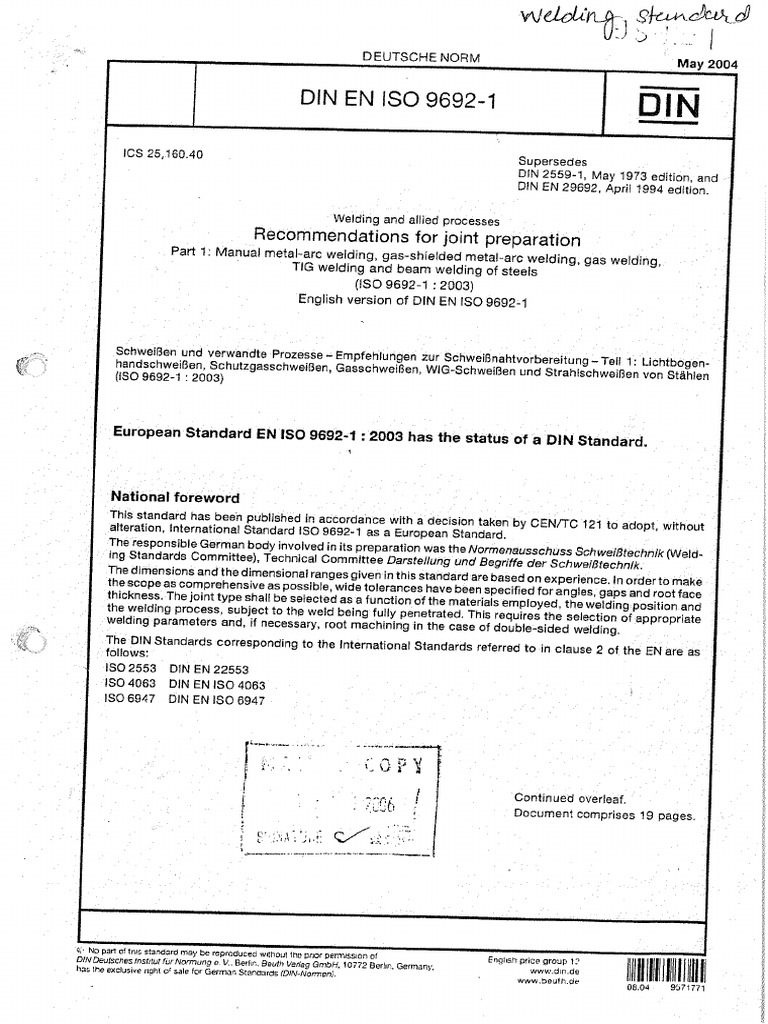 Din en Iso 9692 1 Welding | PDF