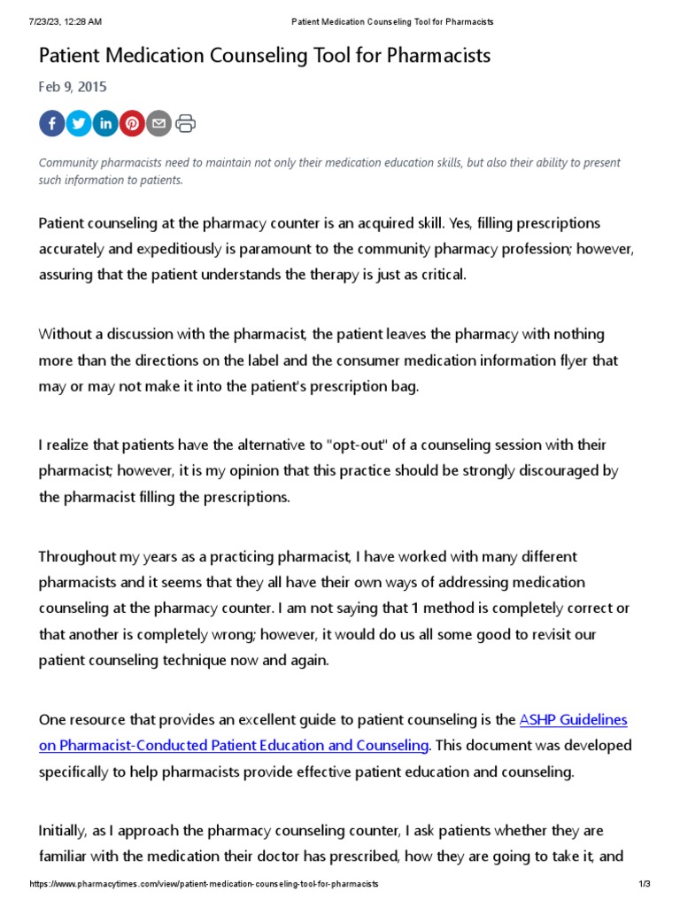Counseling Tool For Pharmacists | PDF | Pharmacist | Pharmacy