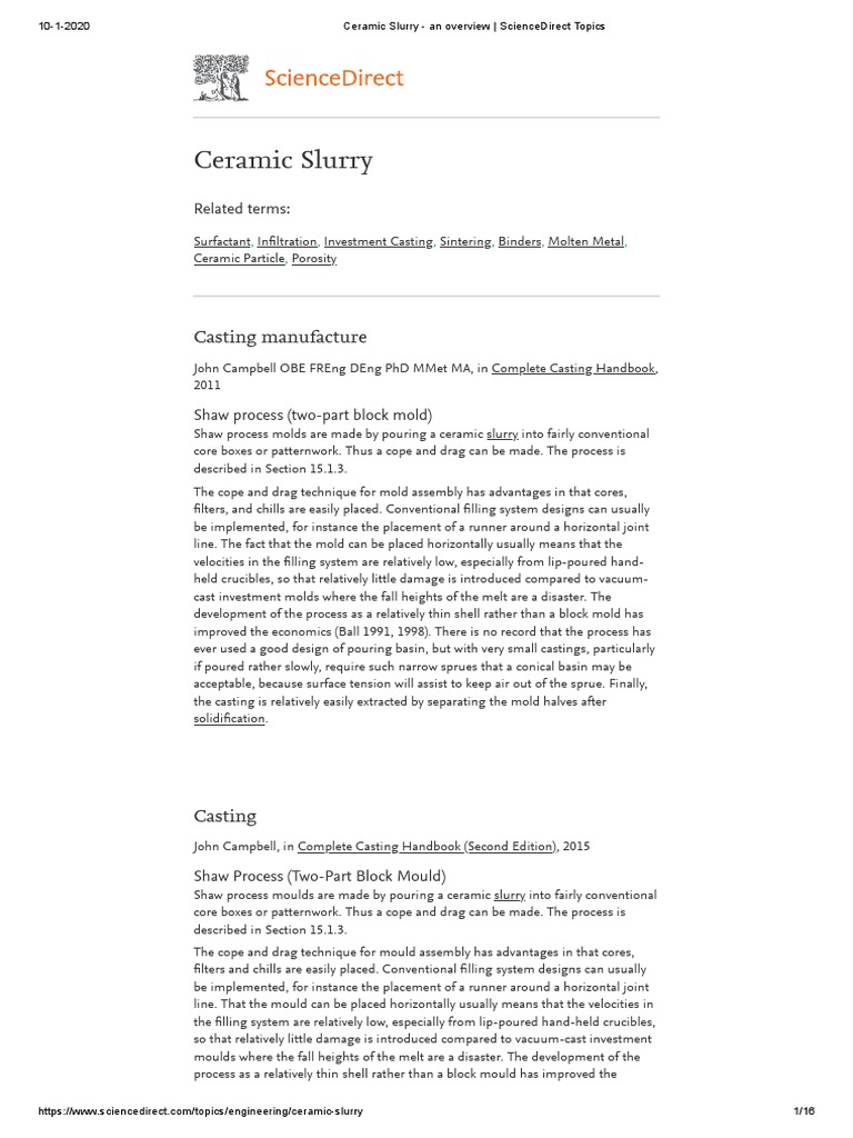Ceramic Slurry - An Overview - ScienceDirect Topics | PDF | Casting ...
