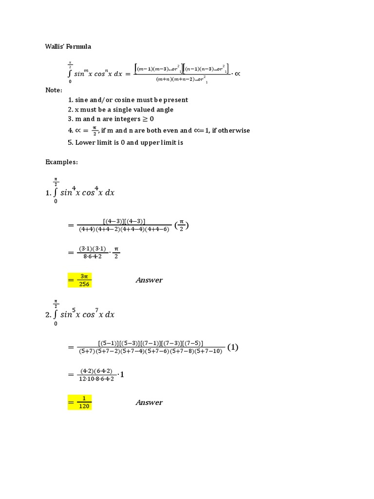 Calculus Wallis Formula, Example and Solution | PDF