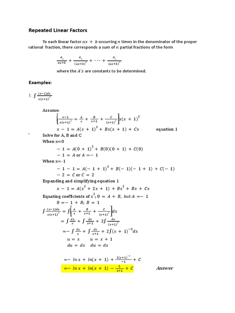 Calculus 2 Integration of Repeated Linear Factors Examples and Solution | PDF | Elementary ...