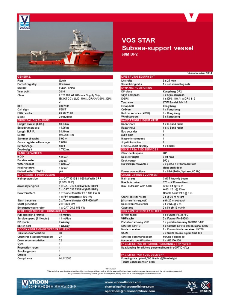Vessel Particulars VOS Star | PDF | Tonnage | Watercraft