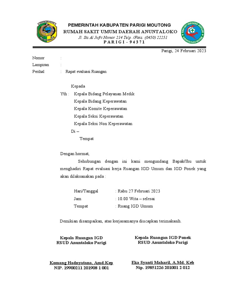Undangan Rapat Ruangan Igd Pdf