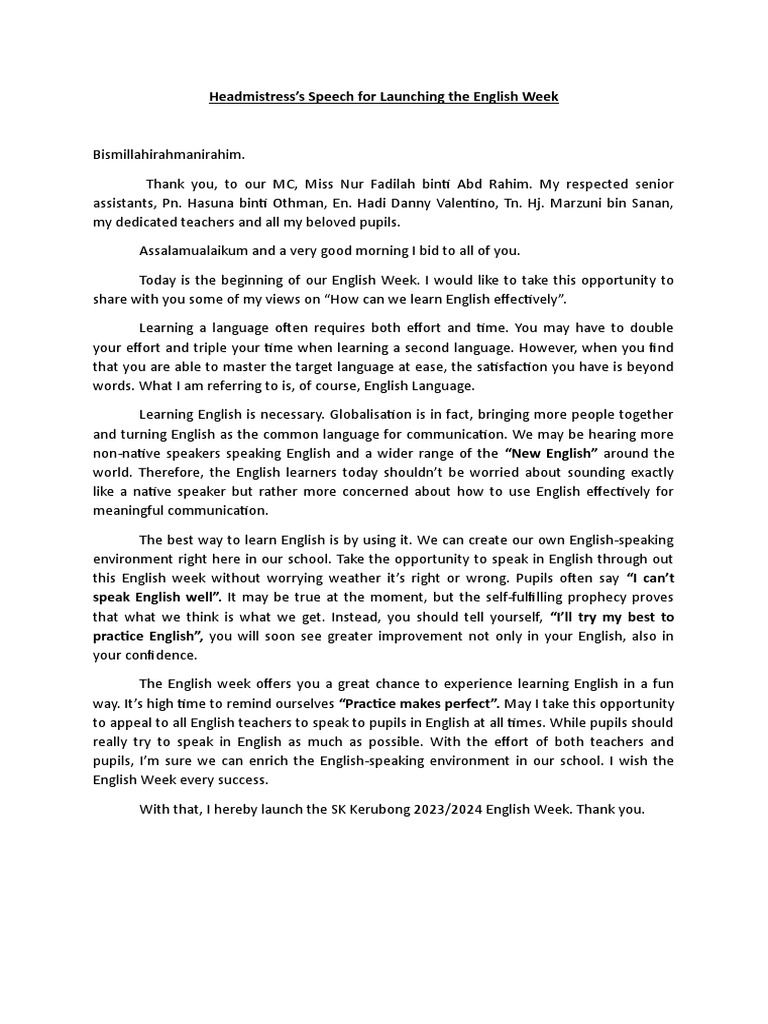 English Week Launching Ceromony - GB Speech | PDF