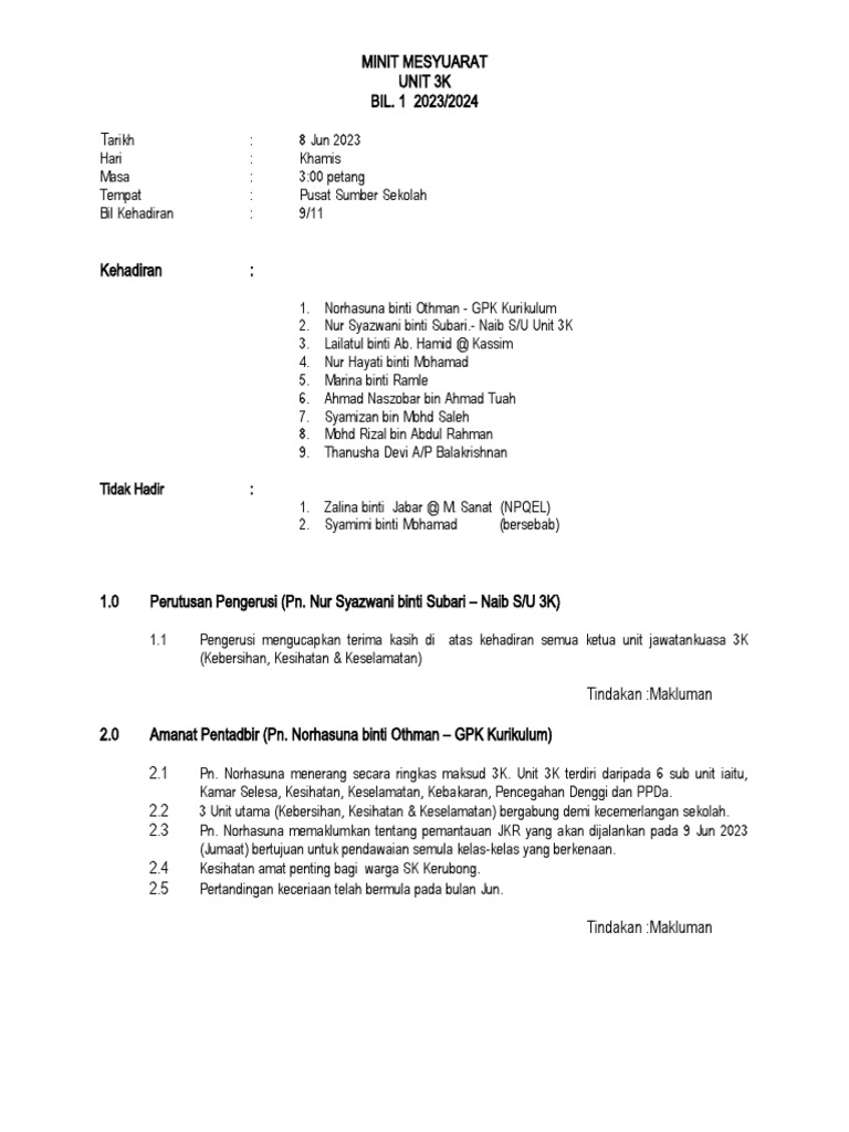 Minit Mesyuarat Unit 3K Bil 1 2023-2024 | PDF