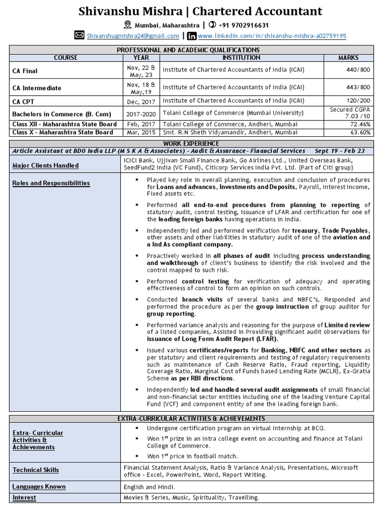CV - Shivanshu Mishra | PDF | Audit | Banks