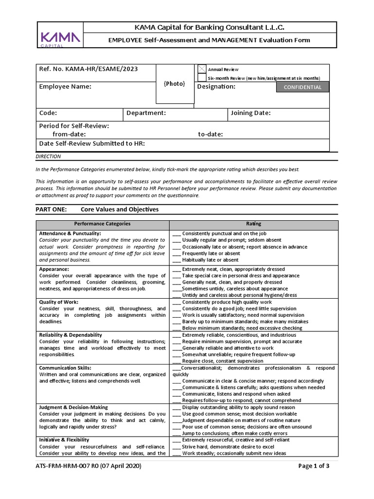 KAMA-Employee Self Assessment & Management Evaluation Form | PDF ...