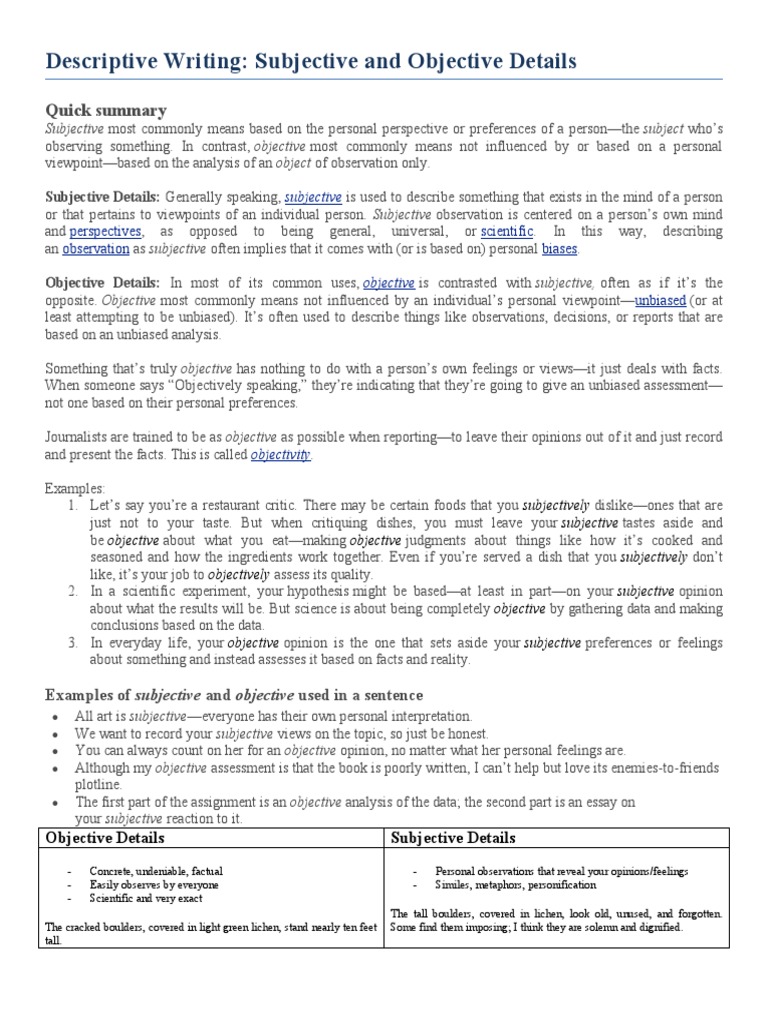 Descriptive Writing Subjective and Objective Details | PDF | Bias | Observation