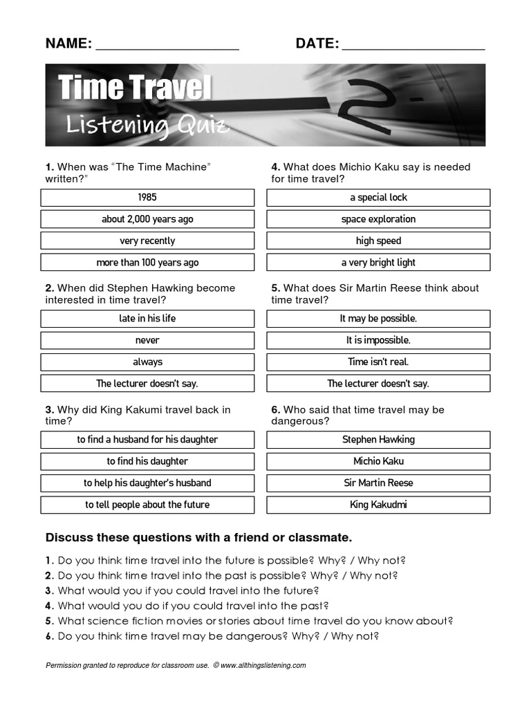 Time Travel Listening Quiz | PDF | Time Travel | Time