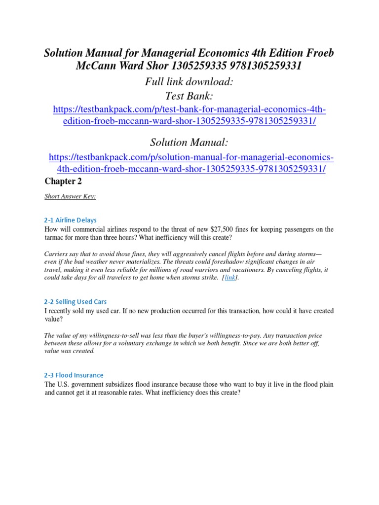 Managerial Economics 4th Edition Froeb McCann Ward Shor Solution Manual ...