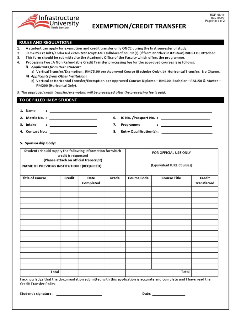 Exemption & Credit Transfer Form-Updated | Download Free PDF | Bachelor ...