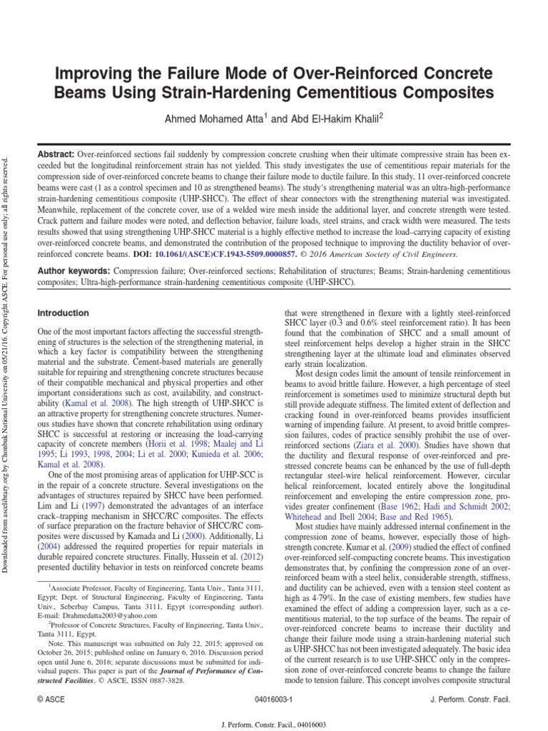 Improving The Failure Mode of Over Reinforced Concrete Beams Using SHCC-Ahmed M Atta-2016 | PDF ...