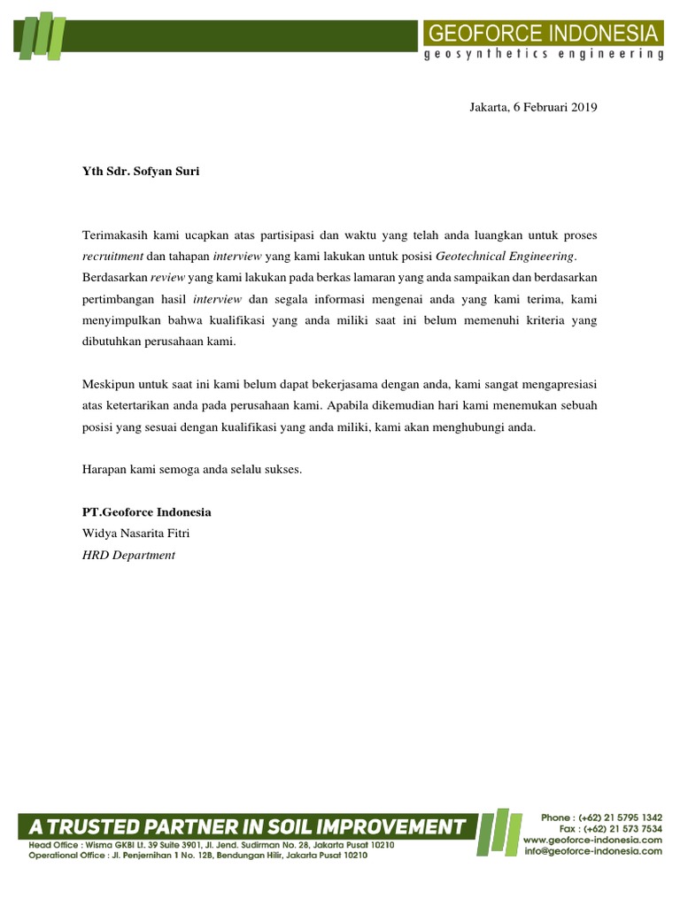 Surat Pemberitahuan Hasil Interview - Sofyan Suri | PDF