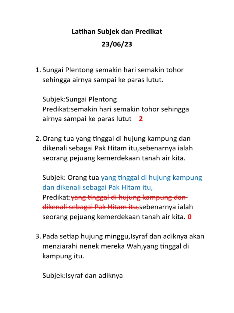 Latihan Subjek & Predikat Lengkap | PDF