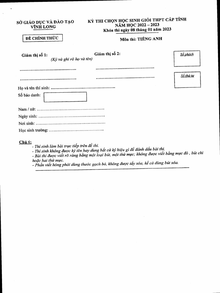De Hoc Sinh Gioi Tieng Anh THPT Cap Tinh Nam 2022 2023 So GDDT Vinh Long | PDF