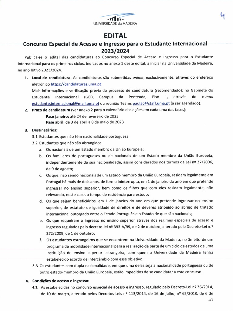 Edital Concurso Especial para o Estudante Internacional 1.º Ciclo 2023 ...
