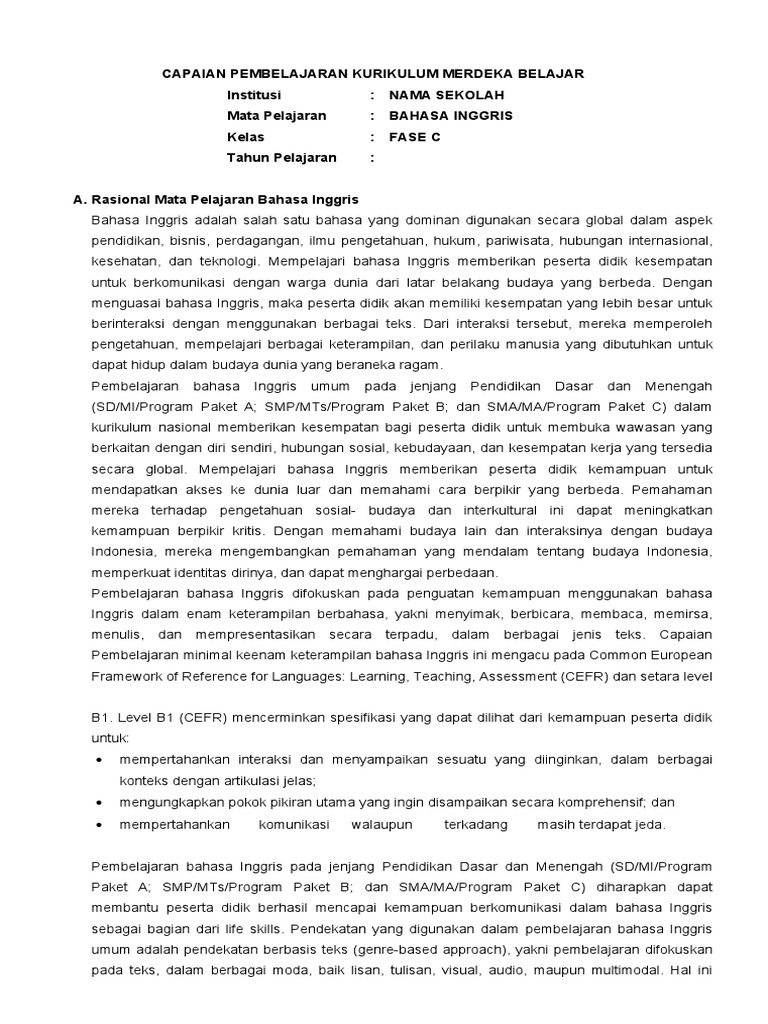 Cp Bahasa Inggris Fase C Pdf