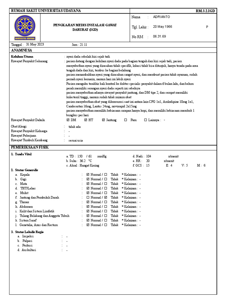 Rumah Sakit Universitas Udayana RM.3.2.IGD: Pengkajian Medis Instalasi Gawat Darurat (Igd) | PDF