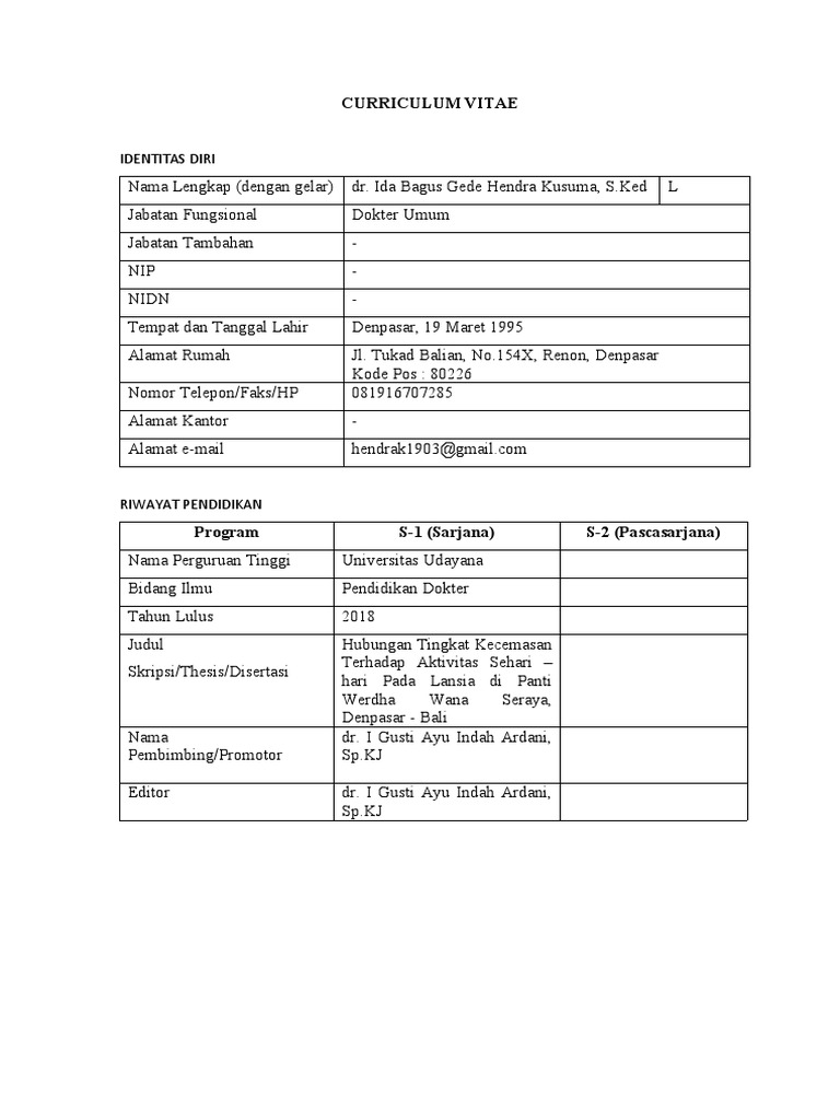 CV Dr. Ida Bagus Gede Hendra Kusuma, S.ked | PDF | Pengembangan Diri