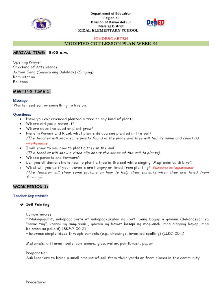 Kindergarten - COT - DLP - Modified Lesson Plan Week 34 | Download Free ...