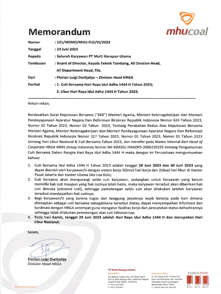 MEMO - Cuti Bersama Libur Nasional 2023 (Hari Raya Idul Adha 1444 H) | PDF