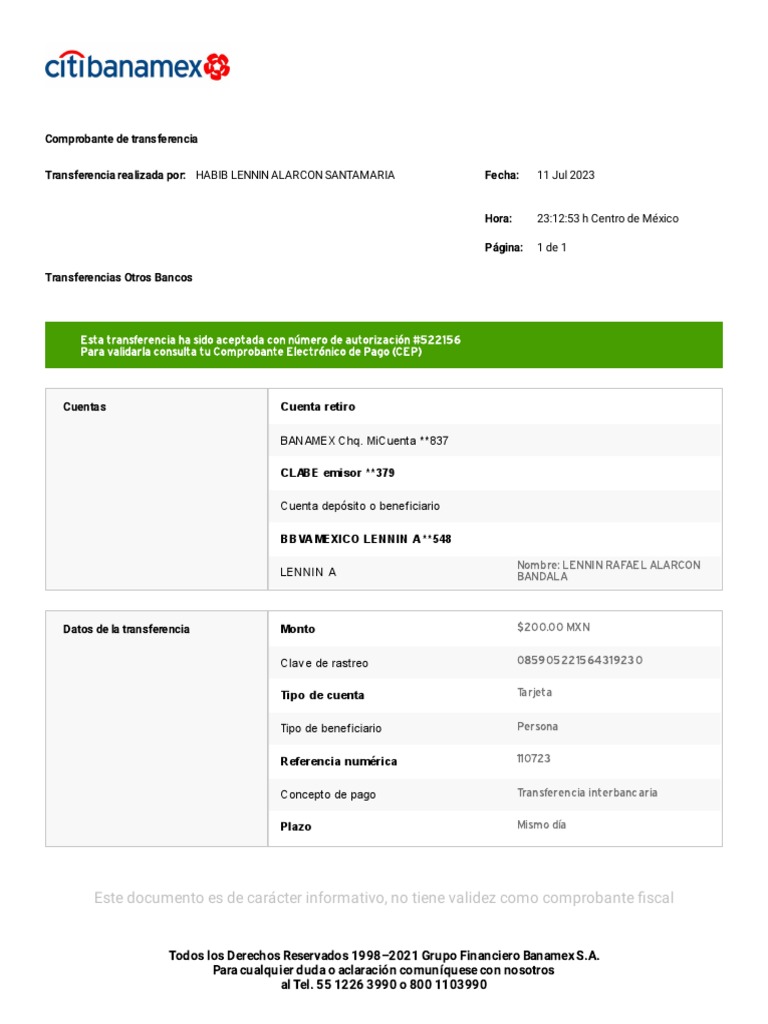 Comprobante Transferencia Banamex A Bbva Pdf
