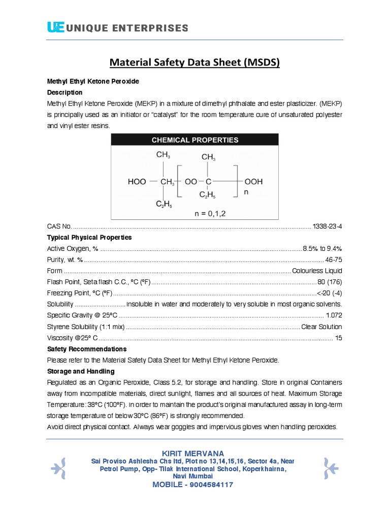 Methyl Ethyl Ketone Peroxide MSDS Guide | PDF | Toxicity | Chemical ...