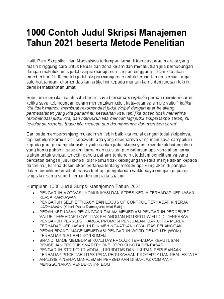1000 Contoh Judul Skripsi Manajemen Tahun 2021 Beserta Metode ...