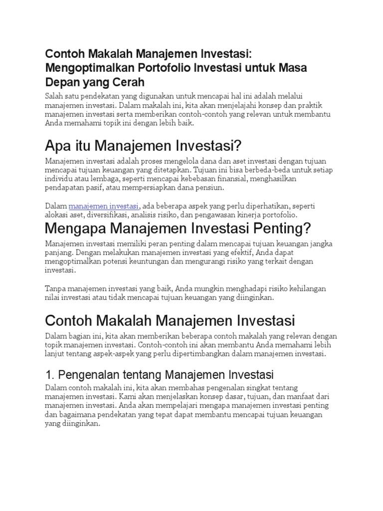 Panduan Manajemen Investasi Efektif | PDF