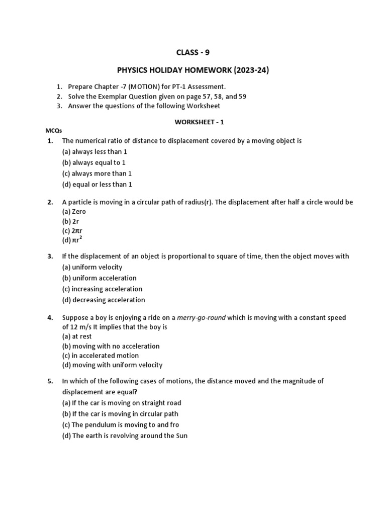 Class - 9 Physics Holiday Homework (2023-24) | PDF | Acceleration | Speed