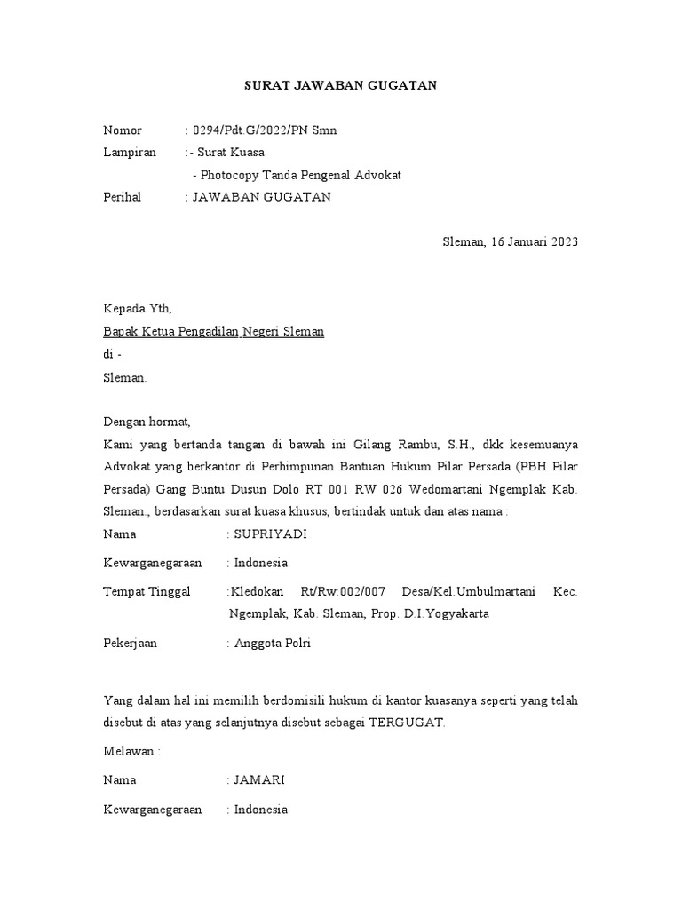 Contoh Surat Jawaban Gugatan | PDF