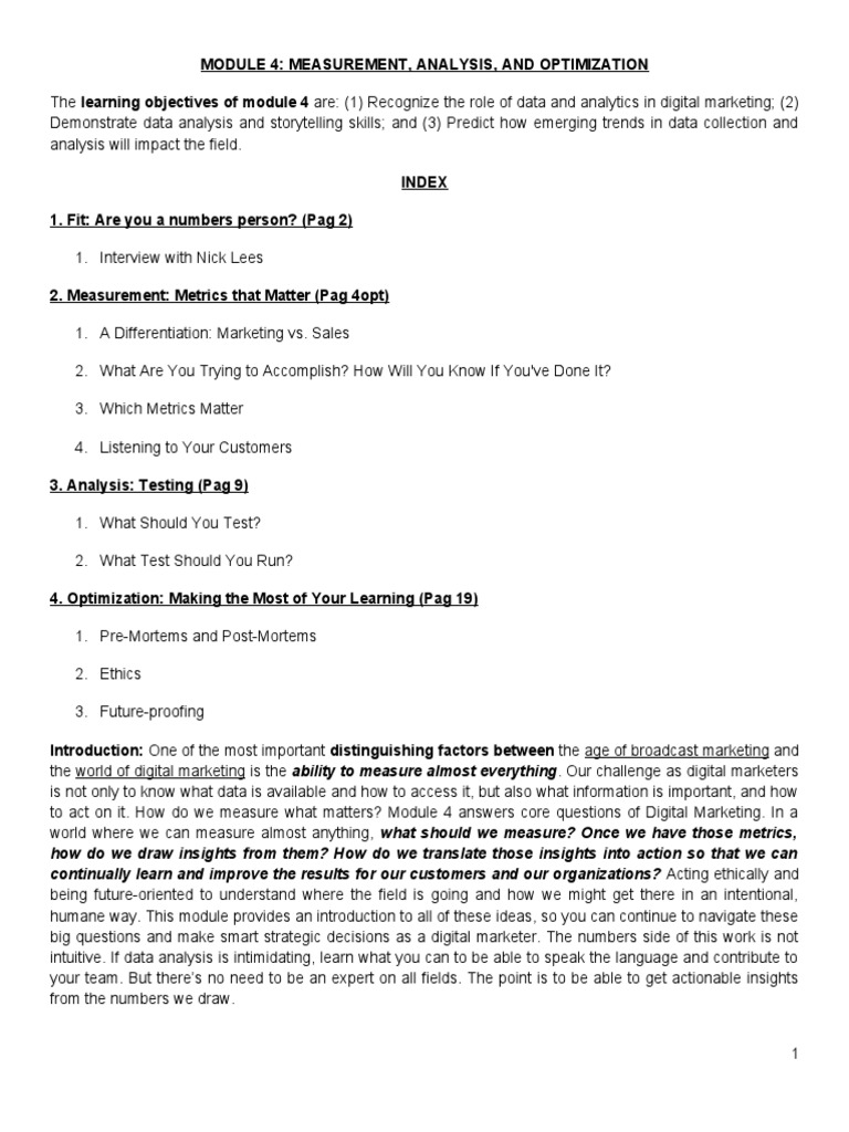 Measurement, Analysis and Optimization | PDF | Performance Indicator | Digital Marketing