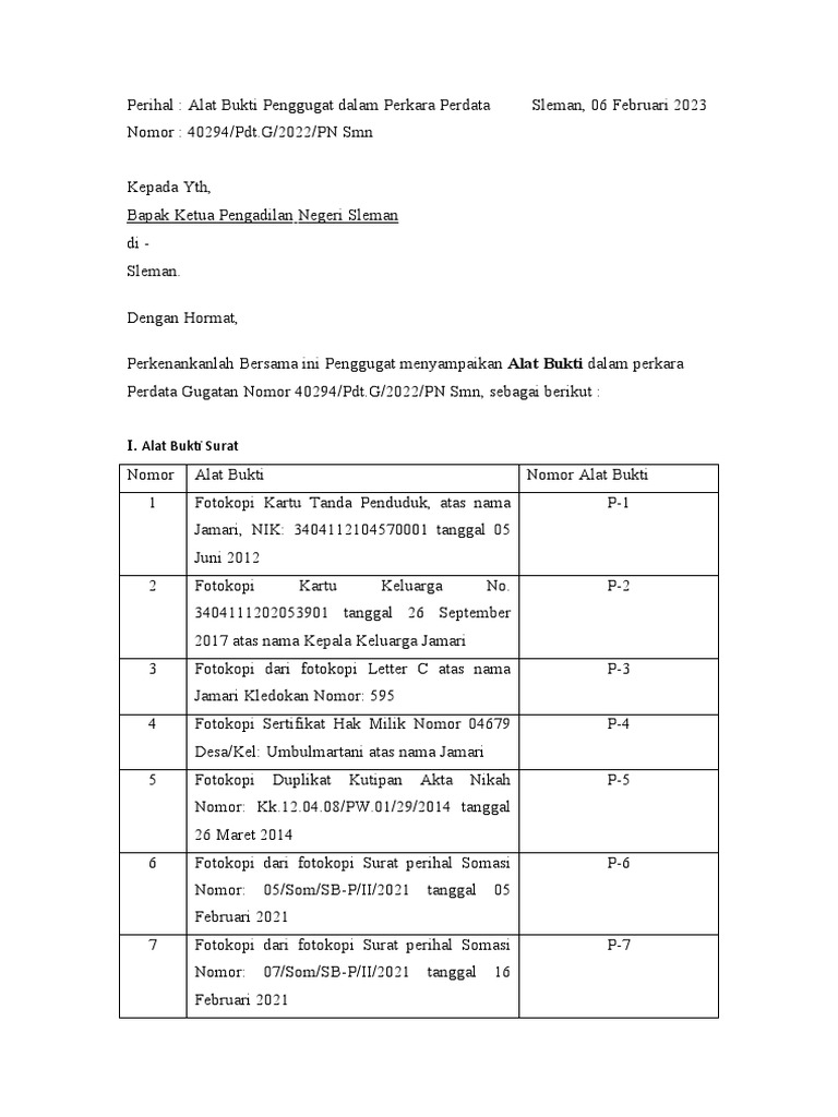 Contoh Surat Alat Bukti Penggugat | PDF