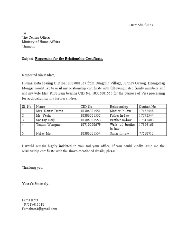 Application For Relation Certificate | PDF