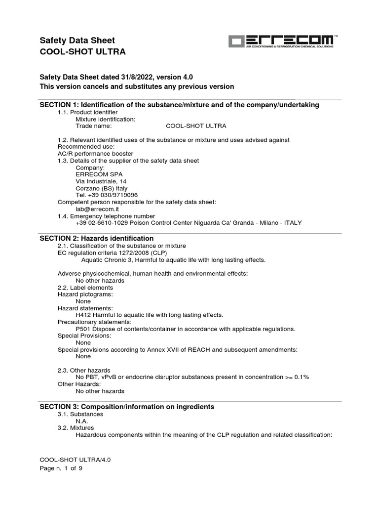 Msds.u.cool Shot Ultra - en 31-08-2022 | Download Free PDF | Dangerous ...