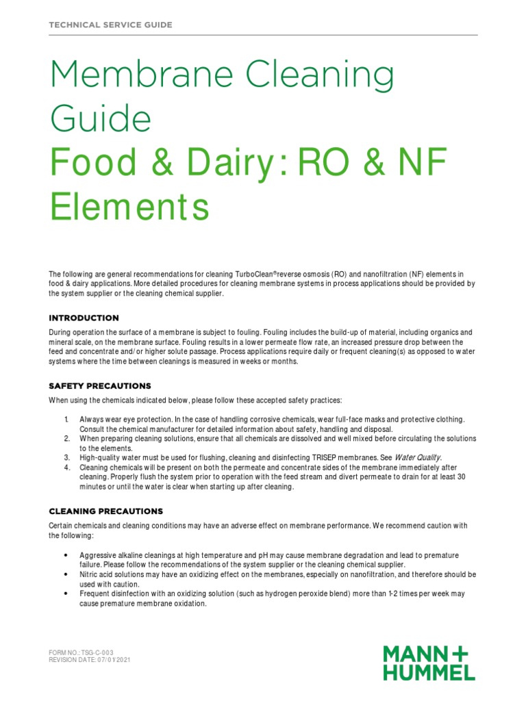 TSG C 003 Membrane Cleaning Guide Food Dairy RO NF Elements | PDF ...