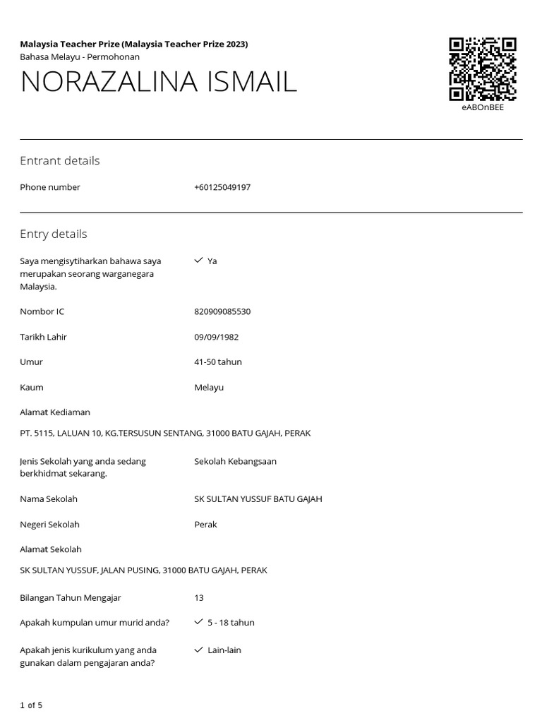 Norazalina Ismail: Entrant Details | PDF