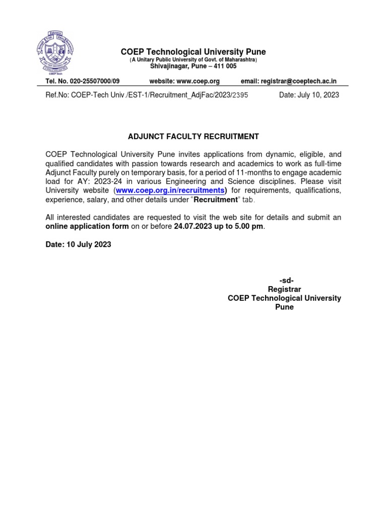 Advetisement Adjunct Faculty July 10 2023 0 | PDF