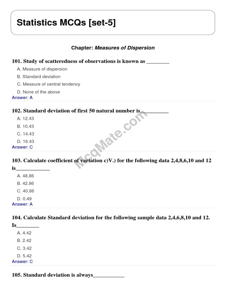 Statistics MCQs on Measures of Dispersion | PDF | Standard Deviation ...