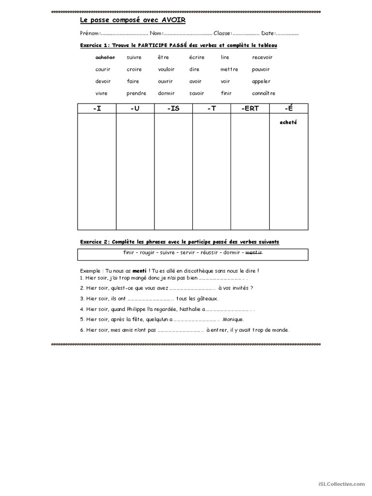 Passé Composé Avec AVOIR | PDF